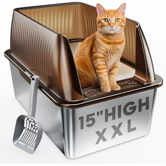 Cat Litter Box Enclosure, XXL Stainless Steel High Sides with Lid ...