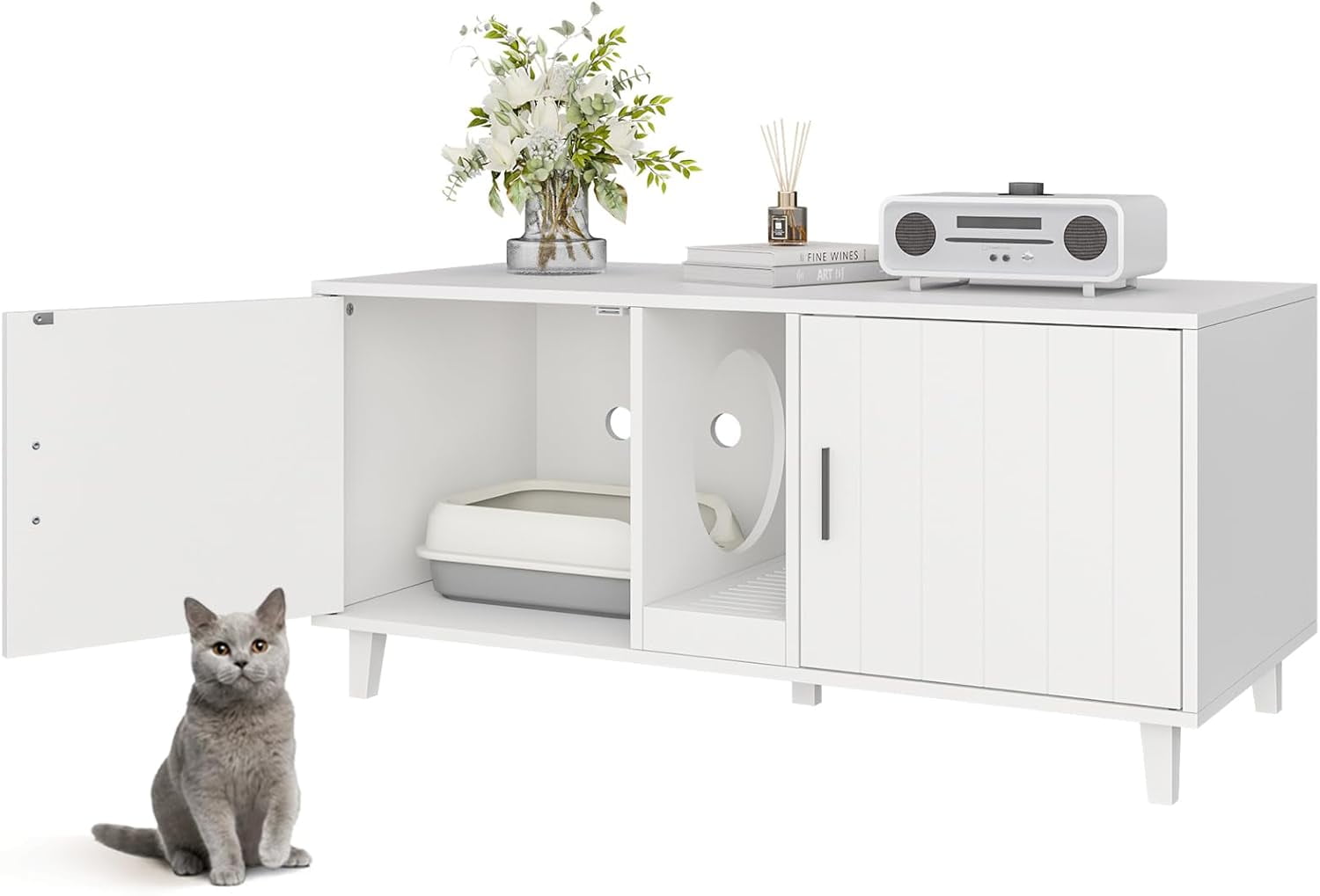 Cat Litter Box Enclosure for 2 Cats, Double Hidden Litter Box Furniture ...