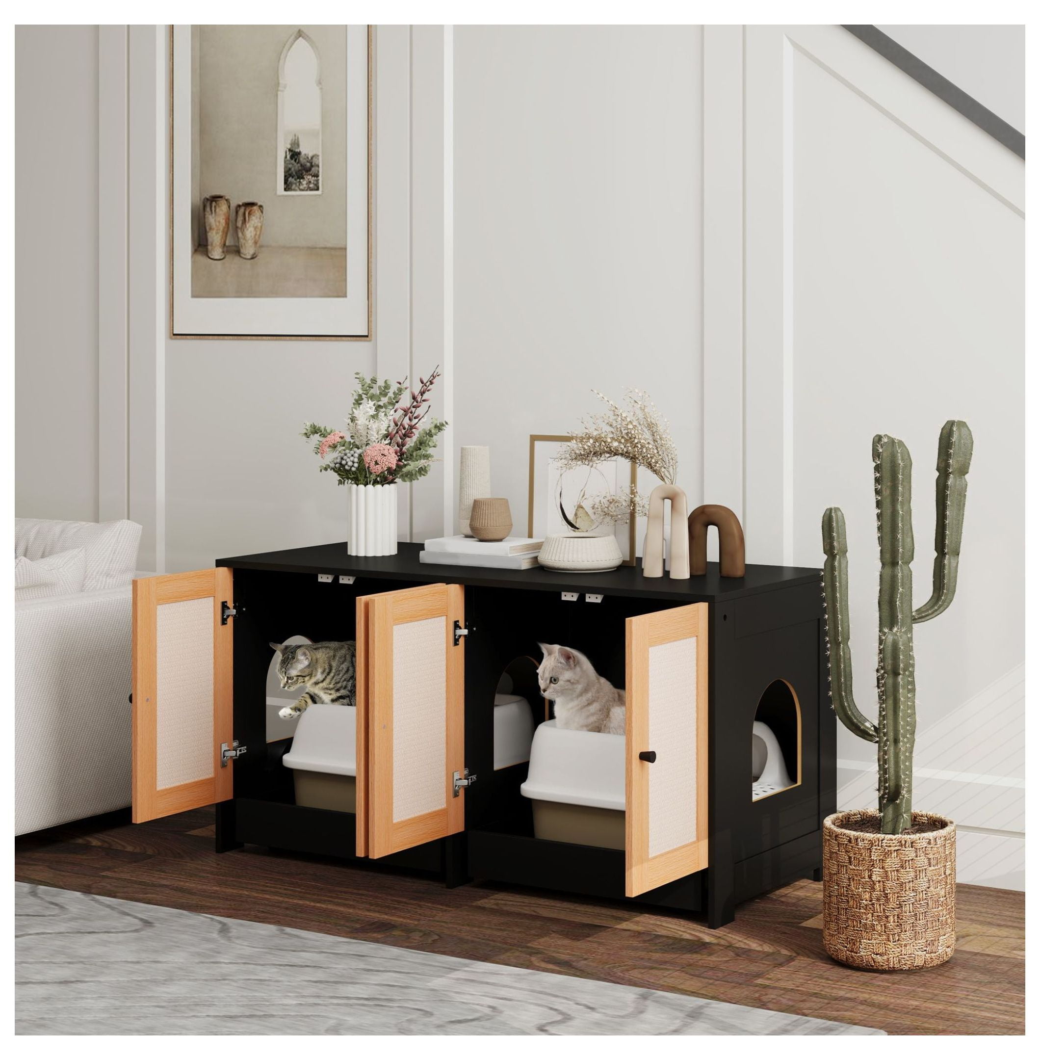 Cat Litter Box Enclosure w/ 2 Cabinets, Scratching Mats & Trays for 2 ...