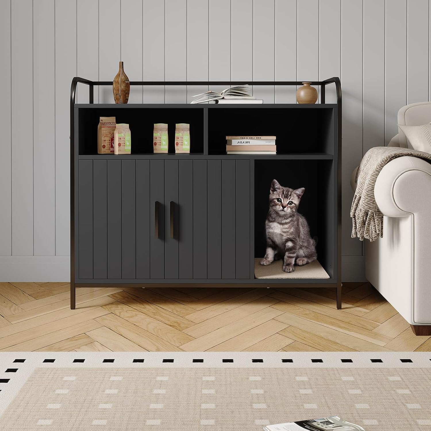 Cat Litter Box Enclosure w/Metal Frame & Storage, Hidden End Table ...