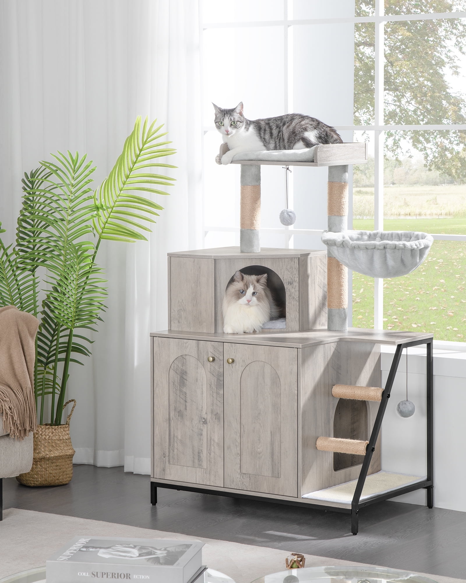 Cat Litter Box Enclosure with Cat Tree, 4-in-1 Modern Cat House ...