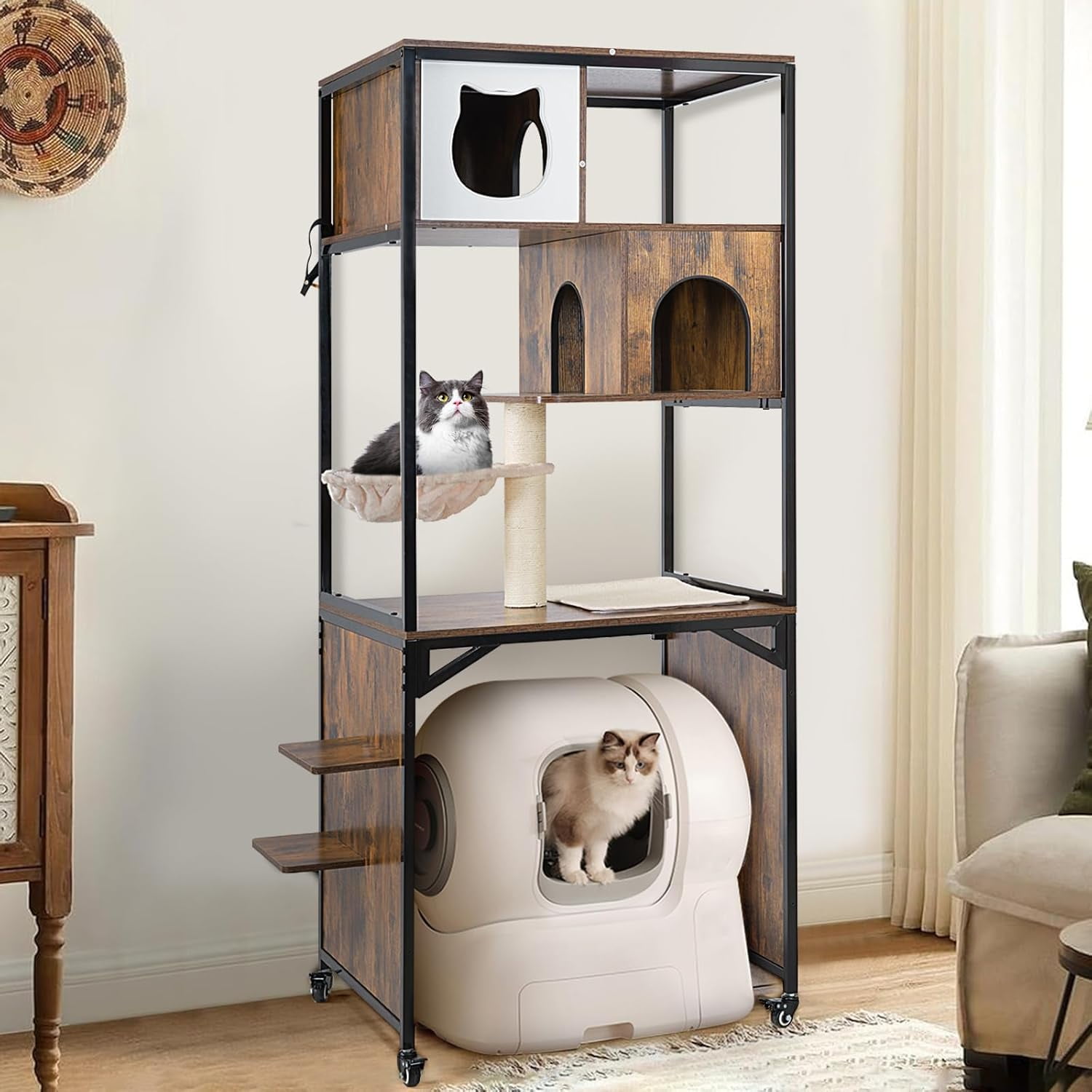 Cat Litter Box Enclosure with Metal Frame Indoor Cat Furniture ...