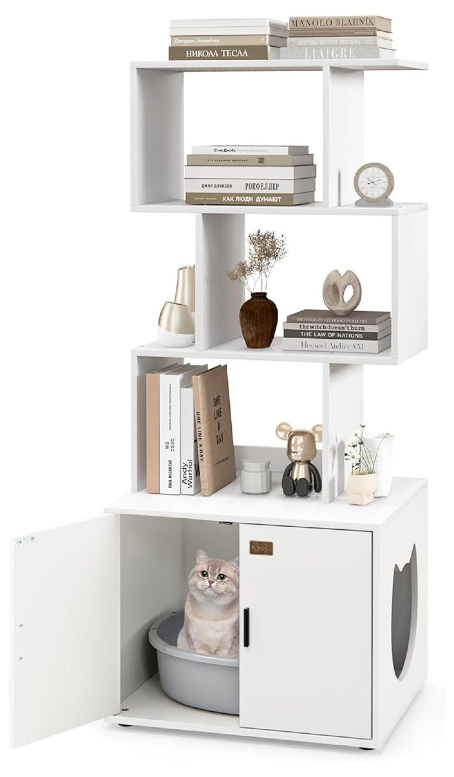 Cat Litter Box Furniture with 3 Shelves and Doors, 56 inch Tall Cat Box ...