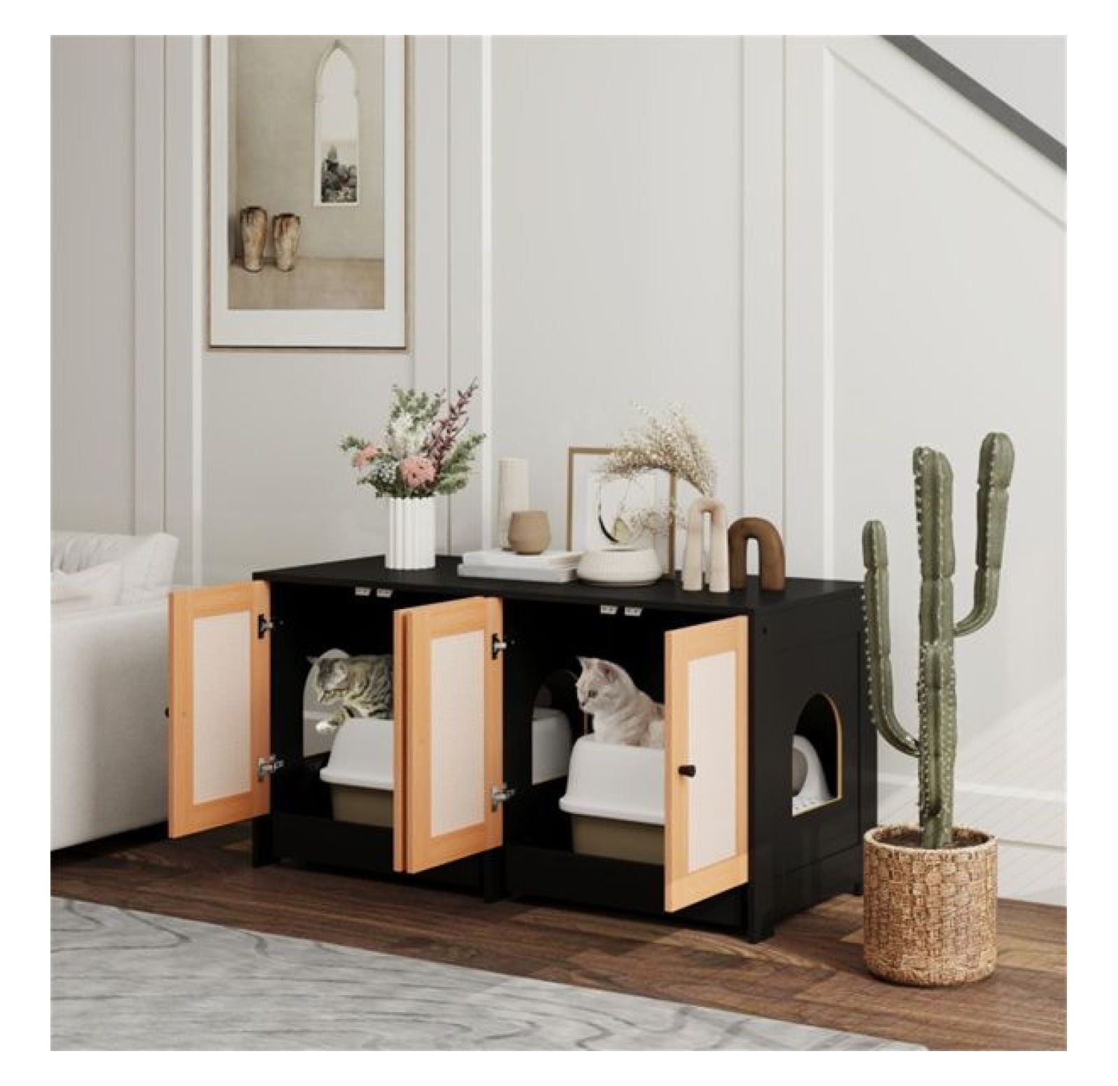 Cat Litter Box Furniture, Dual-Purpose Enclosure with Scratch Mats ...