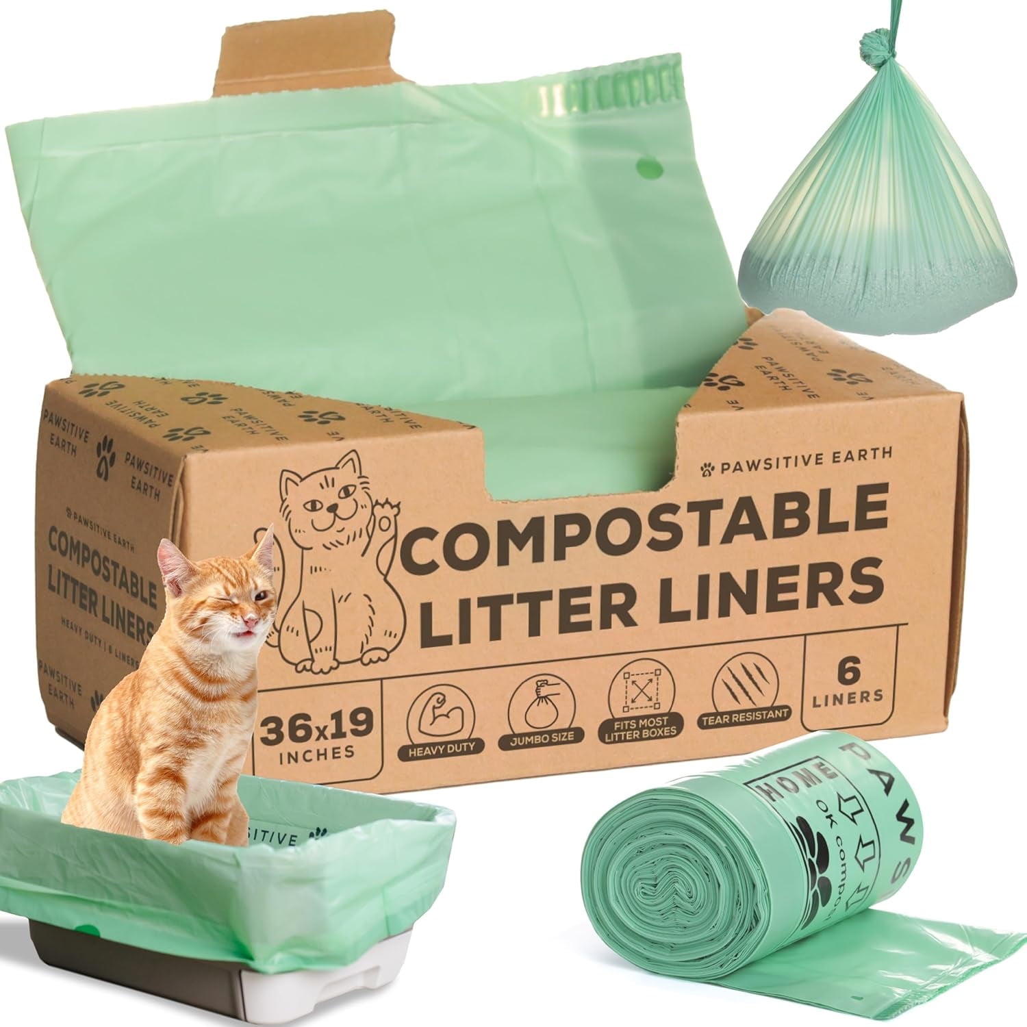 Cat Litter Box Liners 100% Compostable - Drawstring Close - 6 Count ...