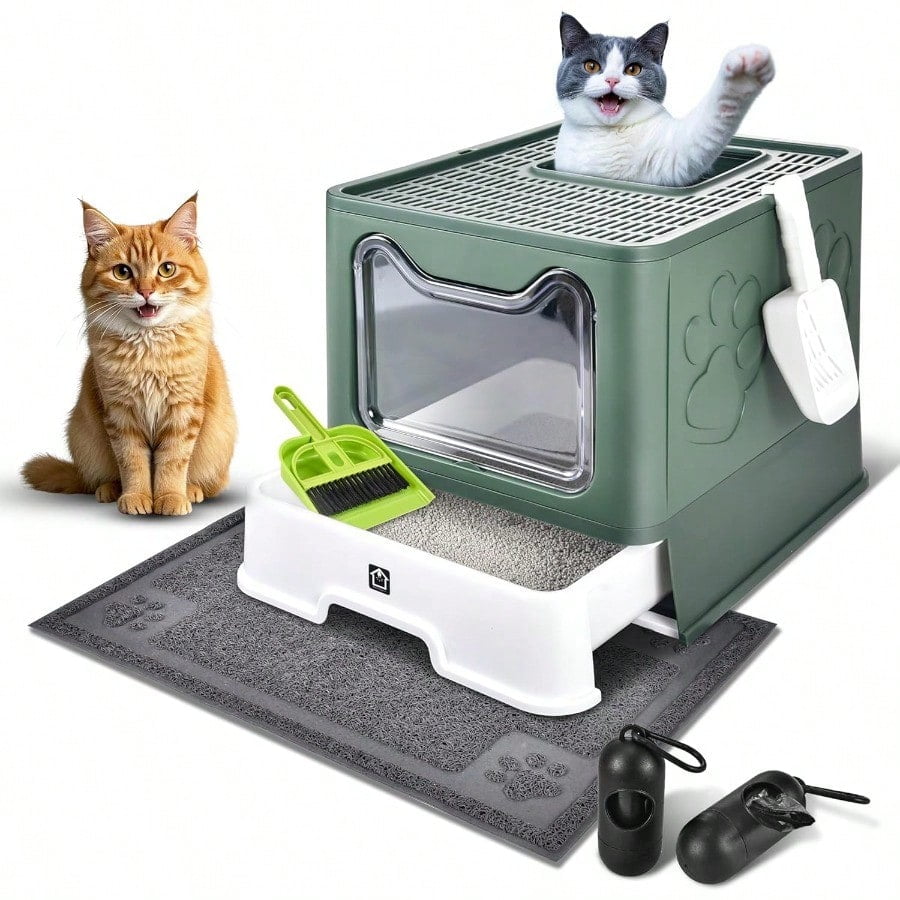 Cat Litter Box with Litter Mat Foldable Extra Large Free in and Out/One ...