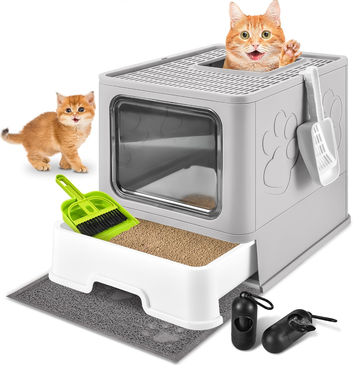 Cat Litter Box with Litter Mat, Foldable Extra Large Free in and Out ...