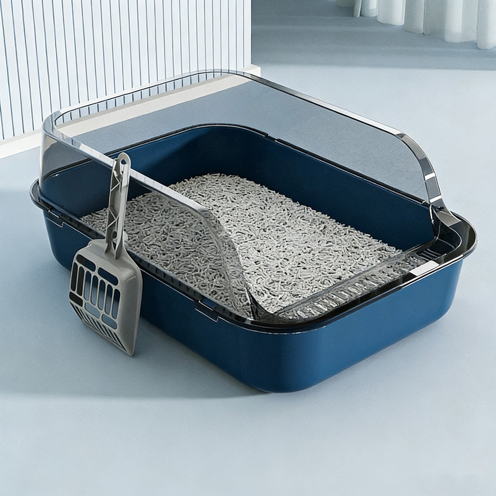 Cat Litter Box Oversized High Sided Semi-Enclosed Litter Pan Splash ...