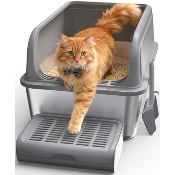 Cat Litter Box - Stainless Steel Litter Box with Scatter-Proof Elevated ...