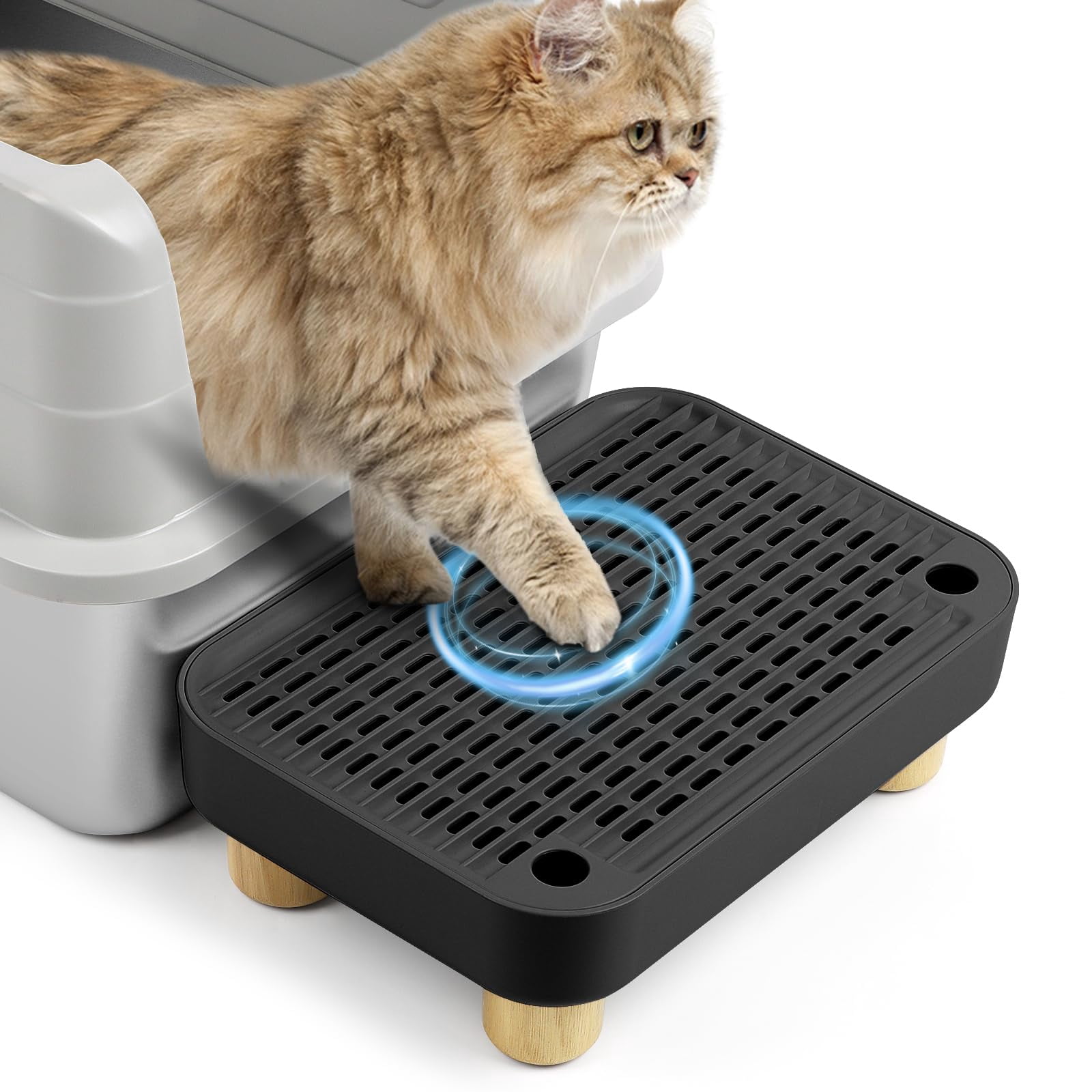 Cat Litter Box Step Ramp, Cat Litter Catcher Mat with Wooden Feet ...