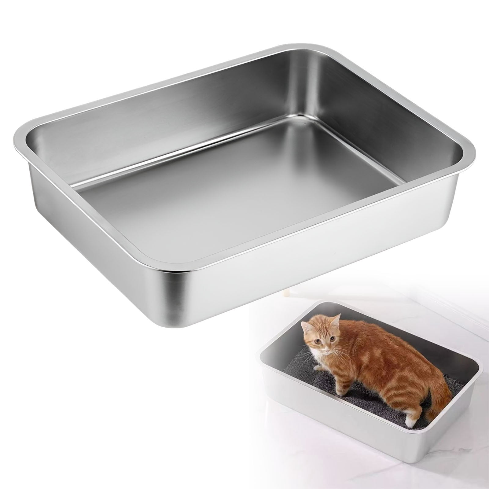 Cat Litter Box with High Sides Large Stainless Steel Cat Litter Pan，15. ...