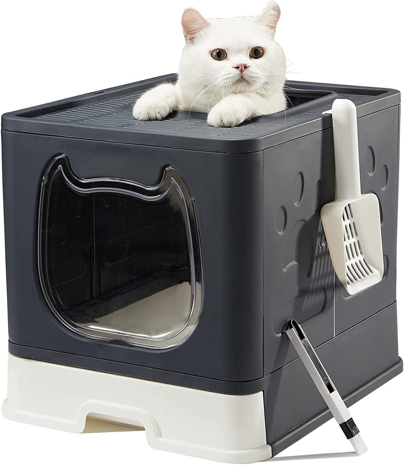 Cat Litter Box with Lid, Foldable Enclosed Covered Top Entry Kitten ...