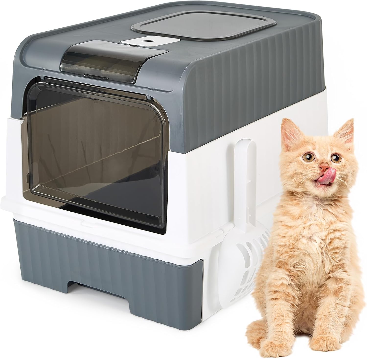 Cat Litter Box with Scoop, Large Foldable Litter Box with Lid, Front ...