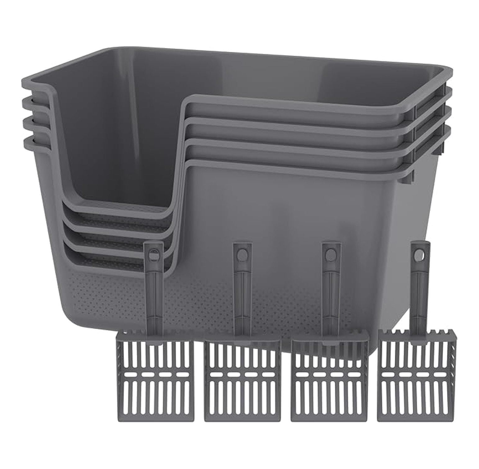 Cat Litter Boxes 4-Pack - High Sided Plastic Open Litter Pan - Gray ...