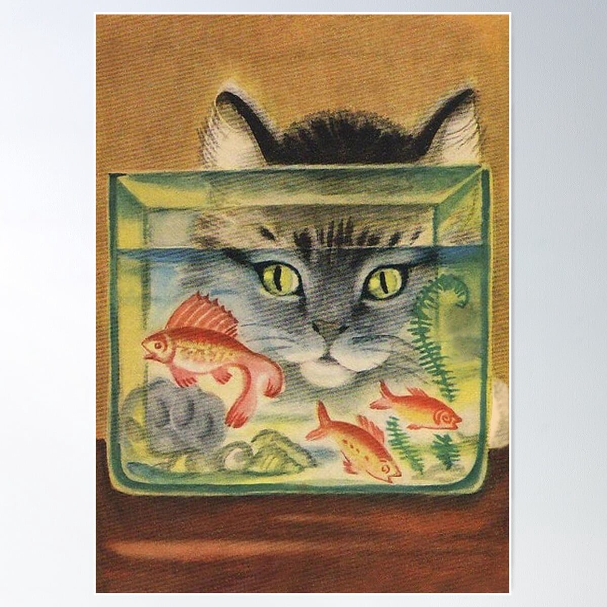 Cat Looking At Fish Vintage Poster Wall Art Modern Wall Decor For ...