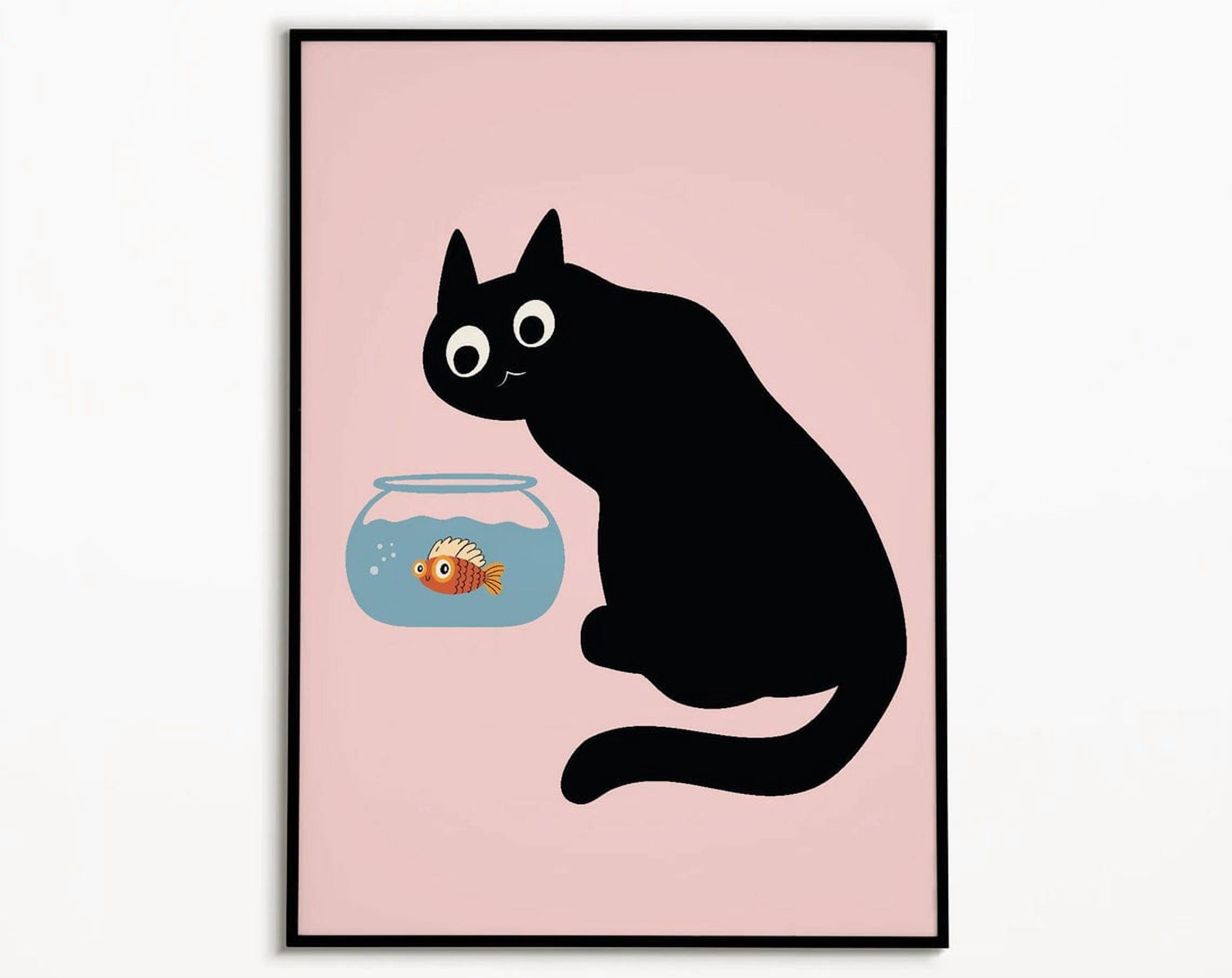 Cat Looking Into A Gold Fish Bowl Poster Ouirky Wall Art Dorm Room ...