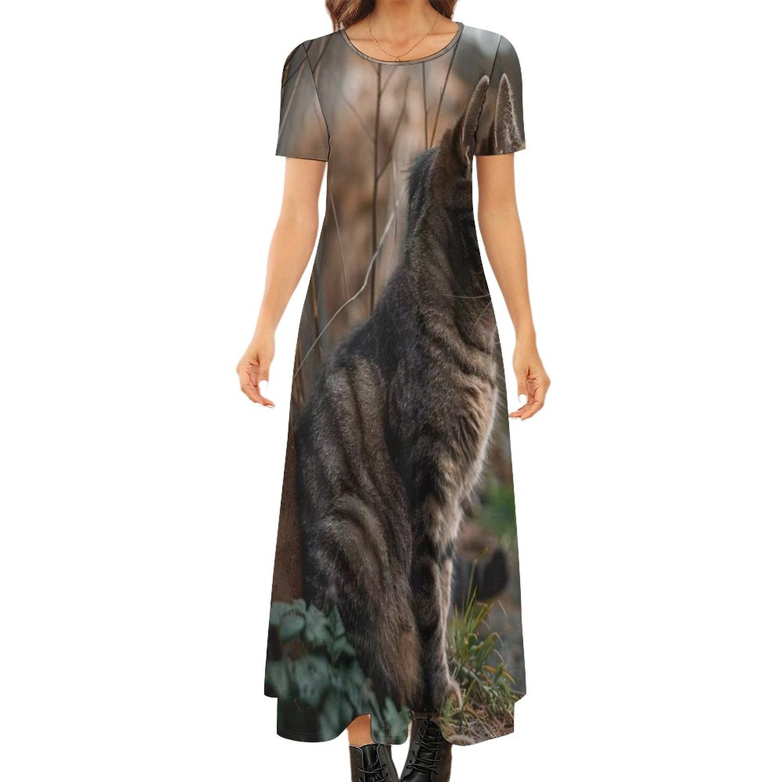 Cat Looking Into The Distance Maxi Dress for Women Crew Neck Beach ...