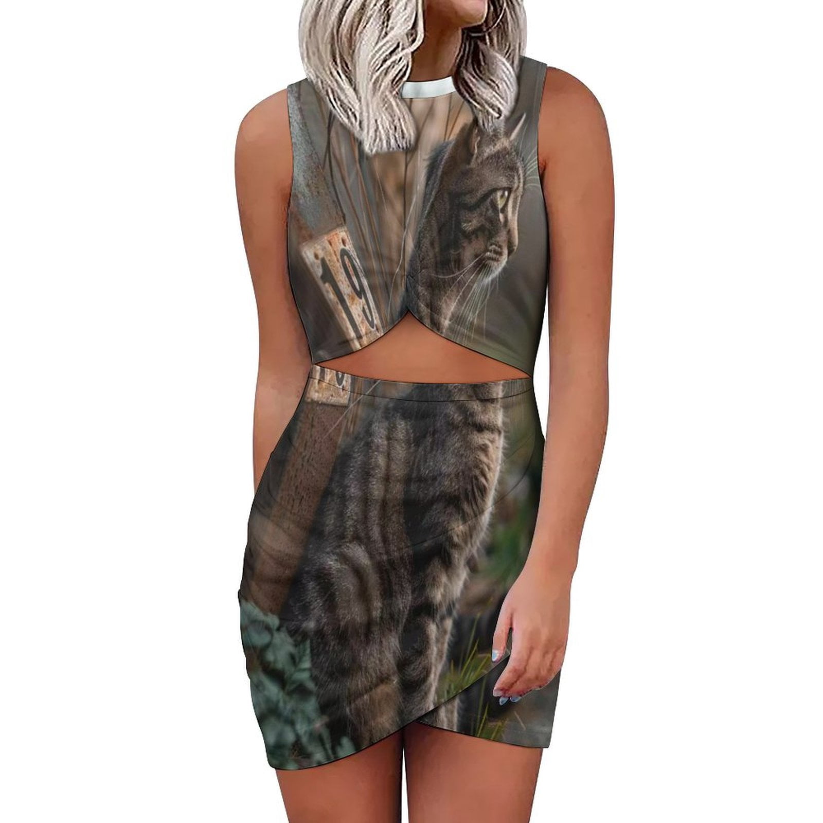 Cat Looking Into The Distance Women's Crossover Slim Hip Dress Summer ...