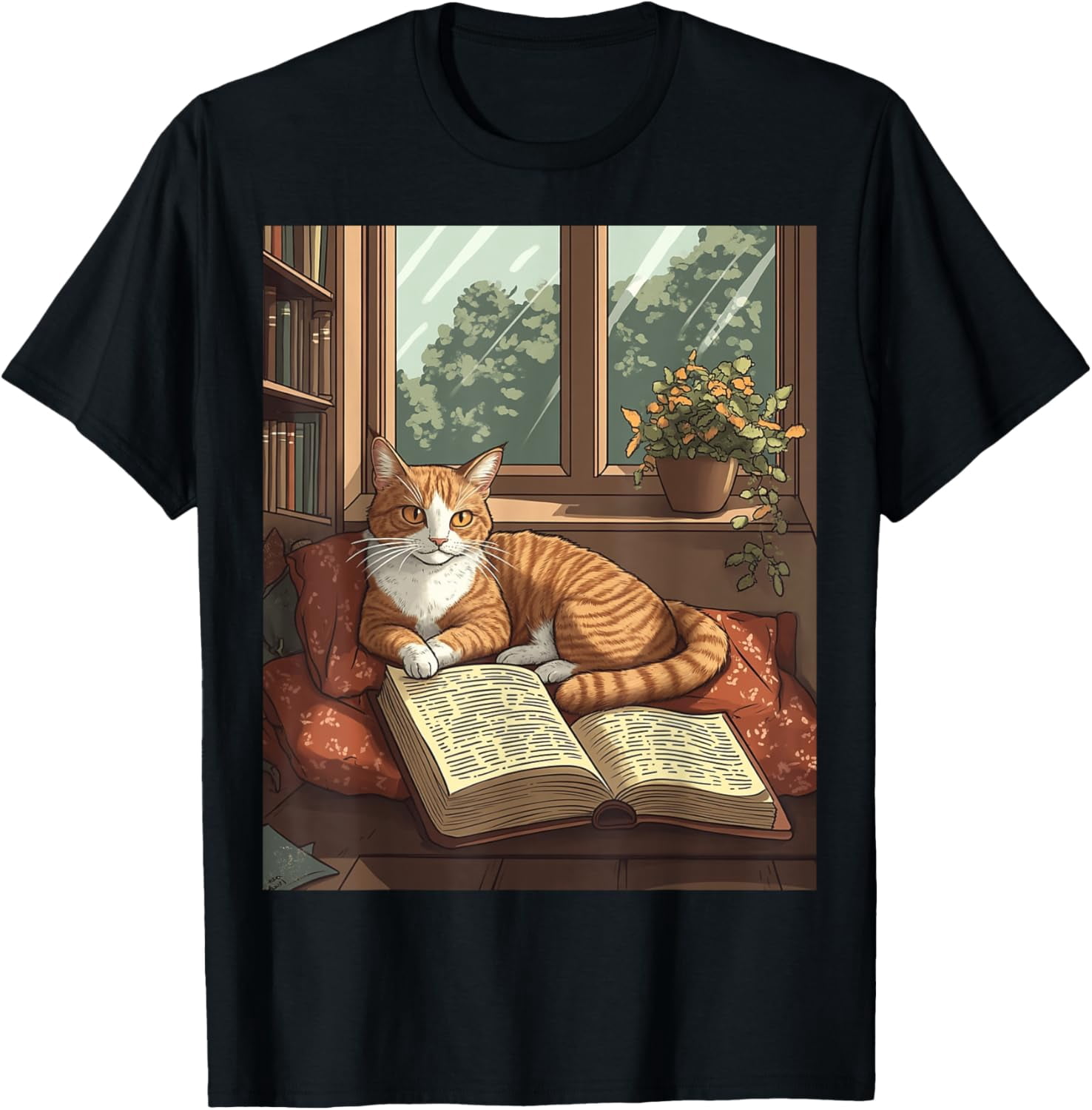 Cat Lounging On Book By Window Scene T-Shirt - Walmart.com