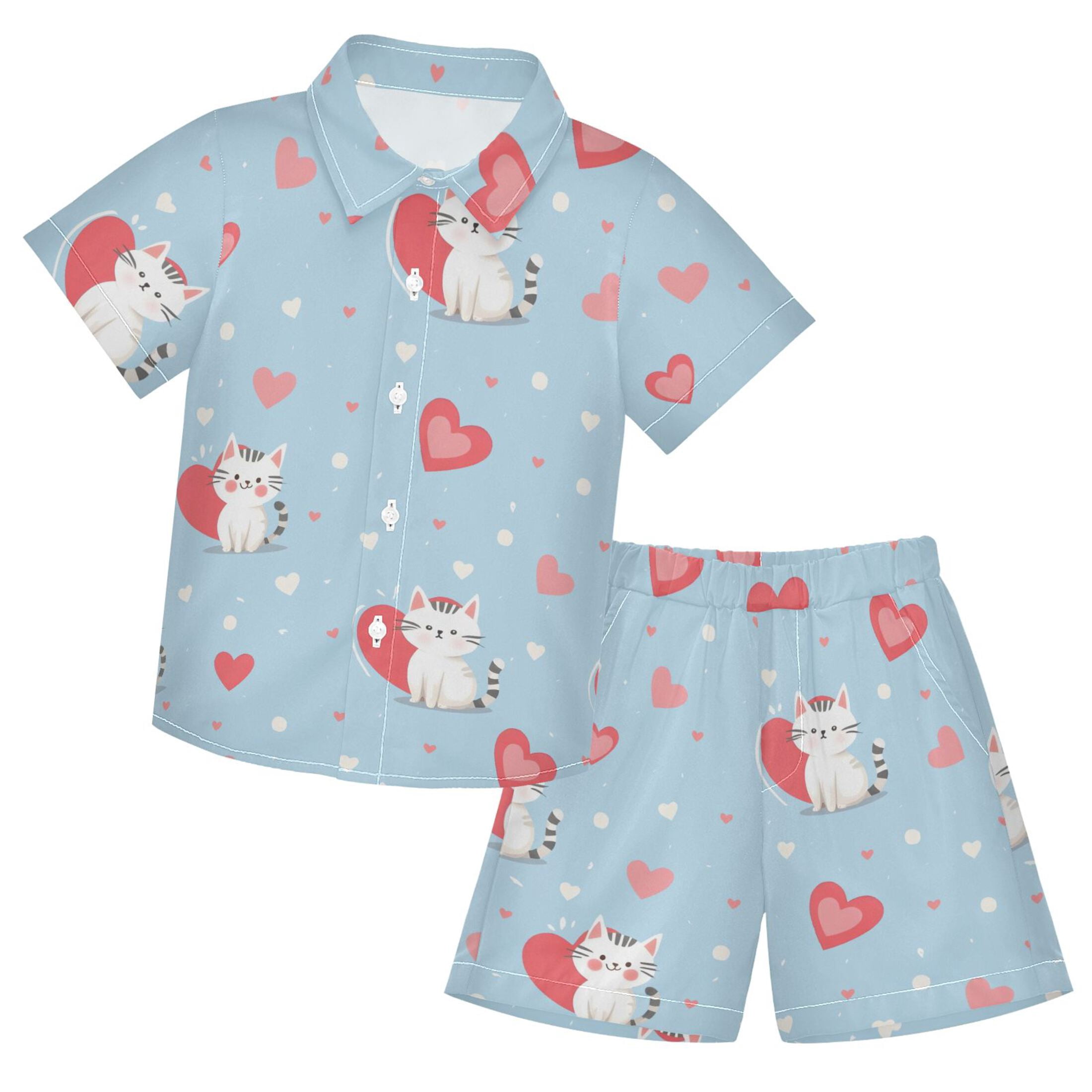 Cat Love Pattern Boys' Hawaiian Shorts Sets Button Down Shirts 3T-10Y ...