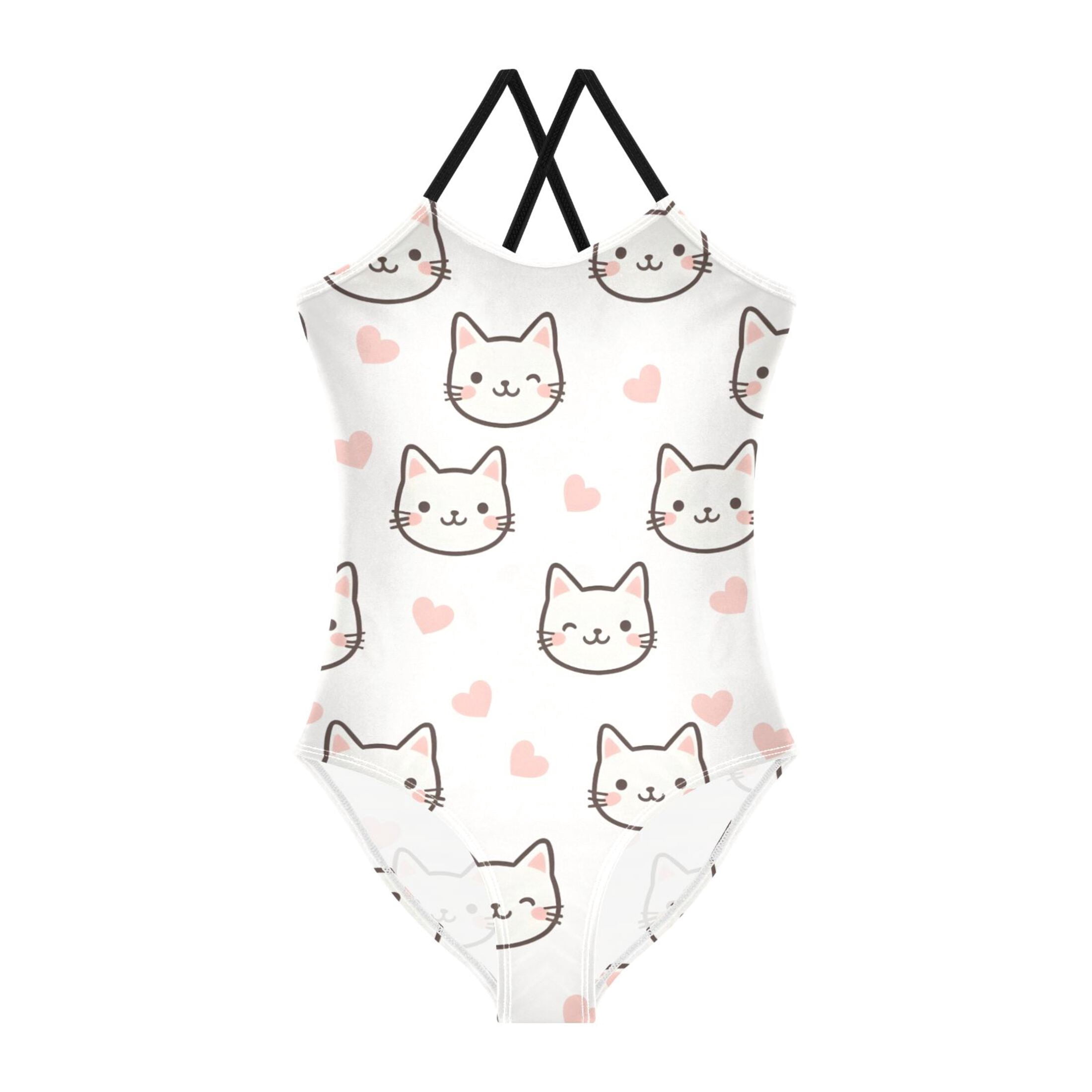 Cat Love Pattern Girls' One-Piece Swimwear 3T-10T Soft Stretchy for ...
