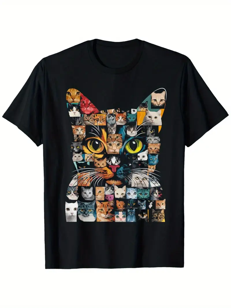 Cat Lover Colorful Cat Face Collage T-Shirt - 100% Cotton 180gsm Retro ...