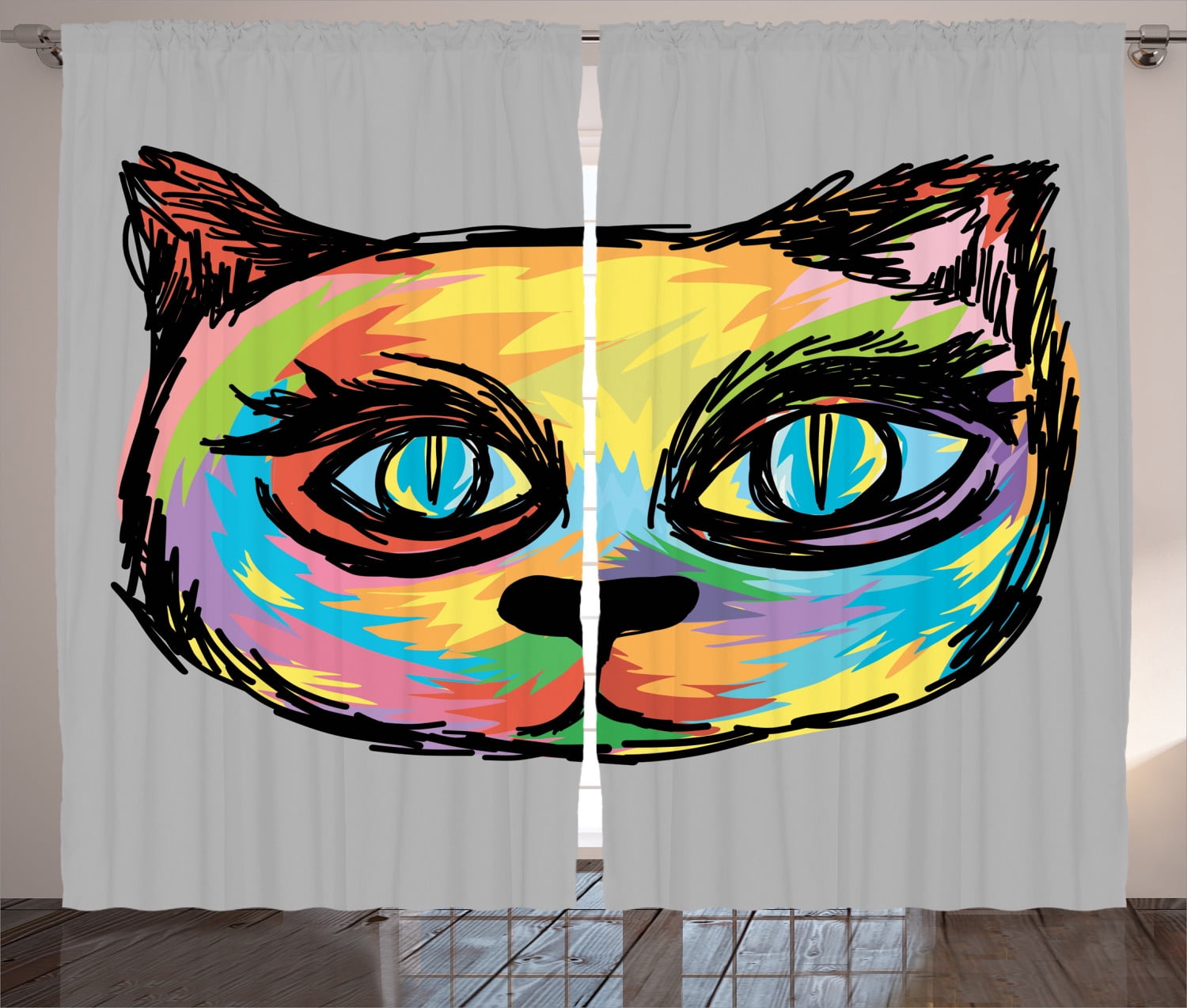 Ambesonne Cat Curtains 2 Panel Set, Sketch Art Dark Big Eyes, 108" x 84 ...