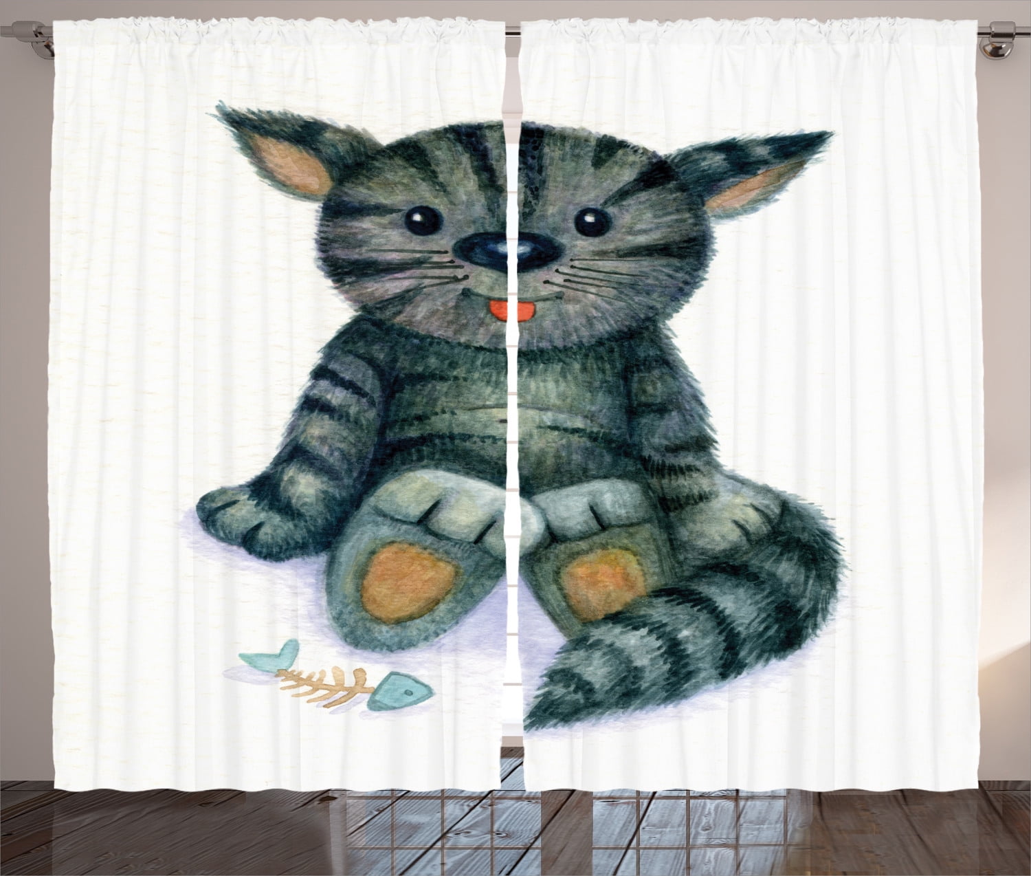 Ambesonne Cat Curtains 2 Panel Set, Cat Cartoon Fish Skeleton, 108" x ...