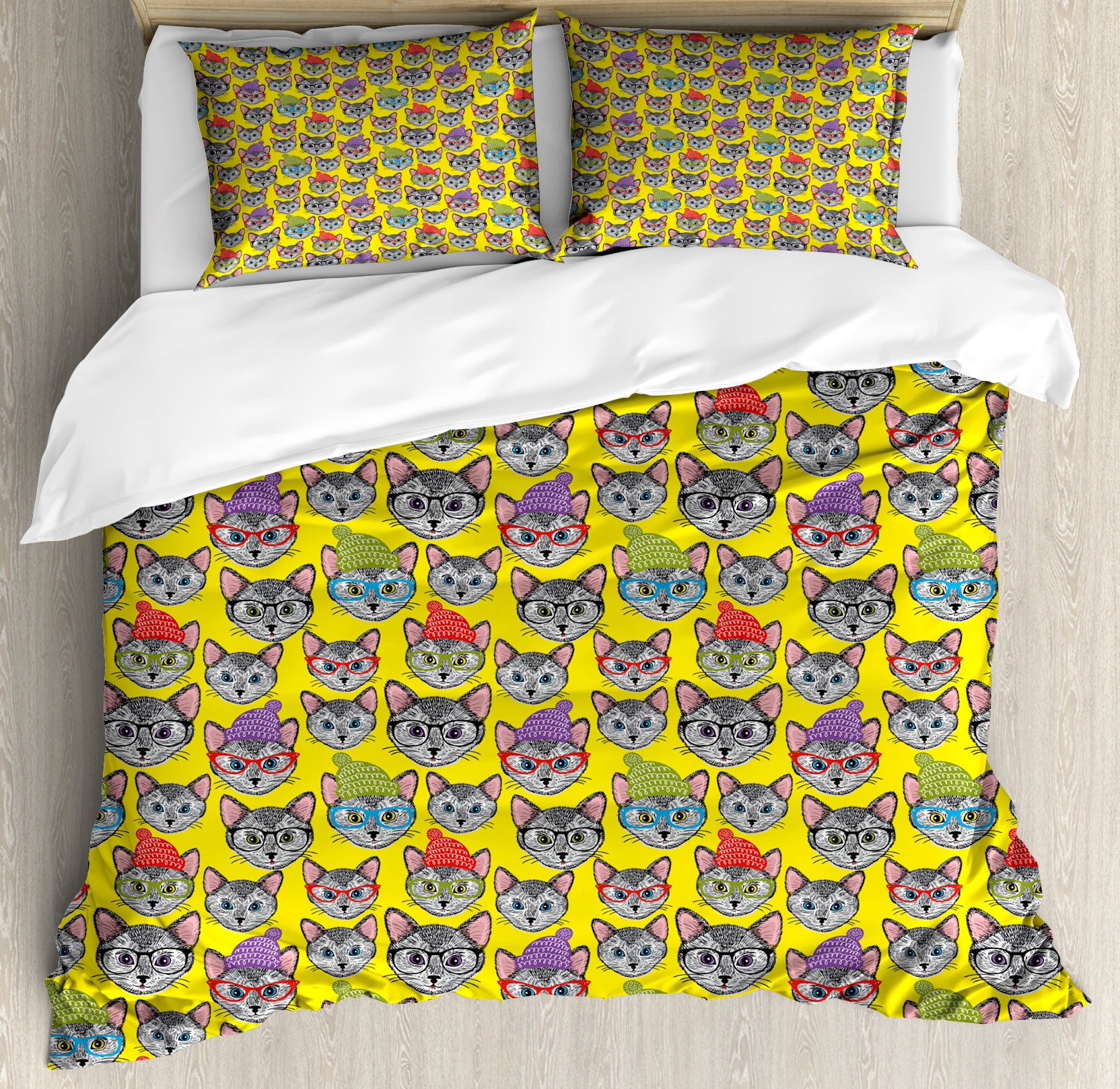 Cat Lover Duvet Cover Set, Kitten Portraits in Hats and Glasses Hippie ...
