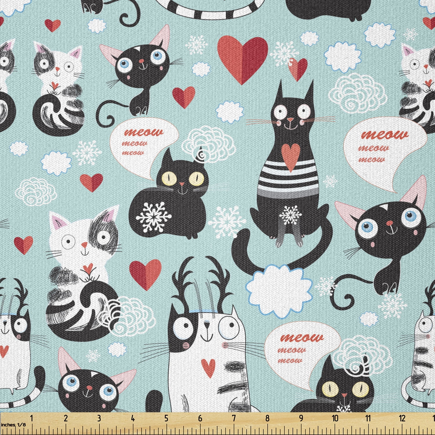 Cat Lover Fabric by The Yard, Black and White Cats in Love Meow Print ...