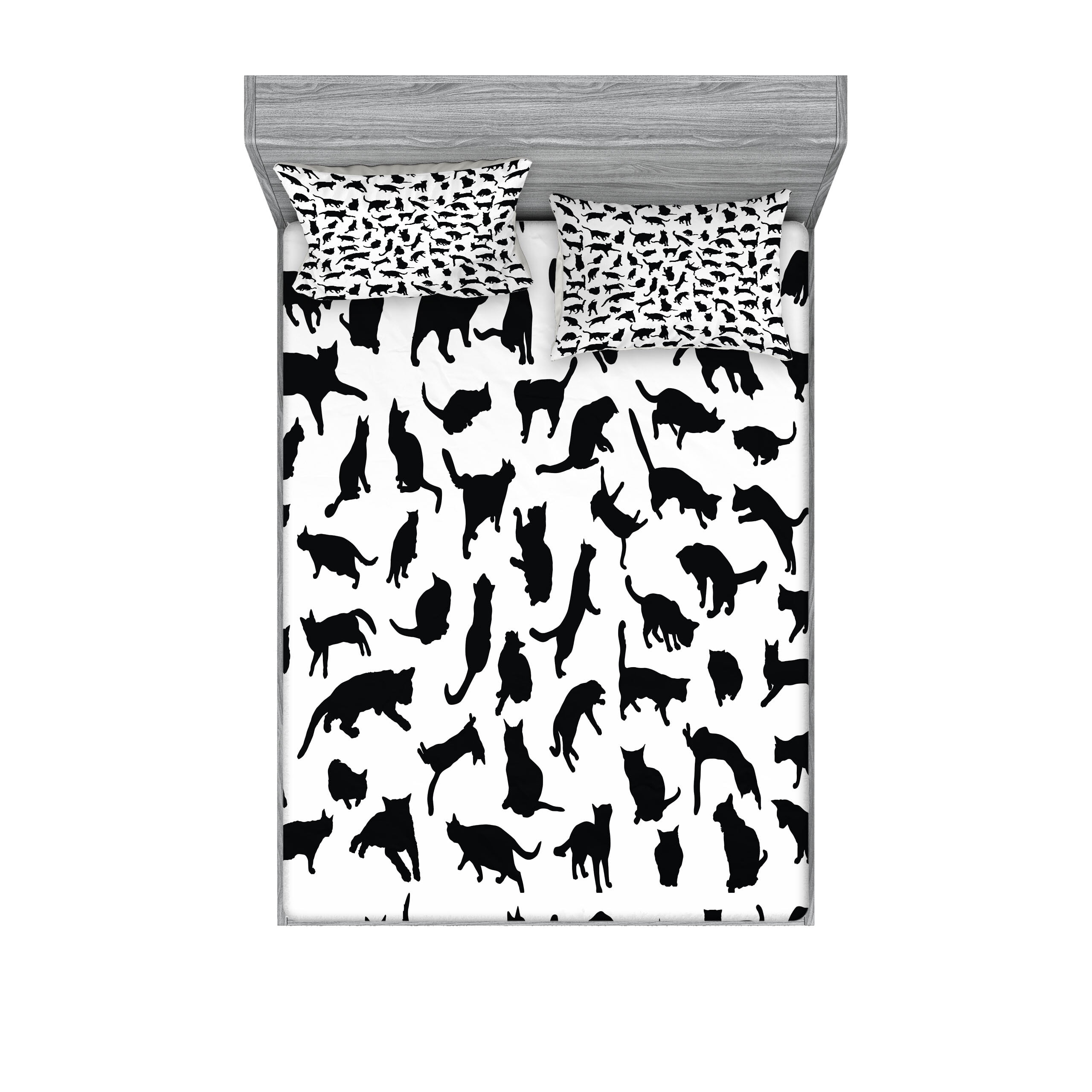 Cat Lover Fitted Sheet & Pillow Sham Set, Black Silhouettes of Cats in ...