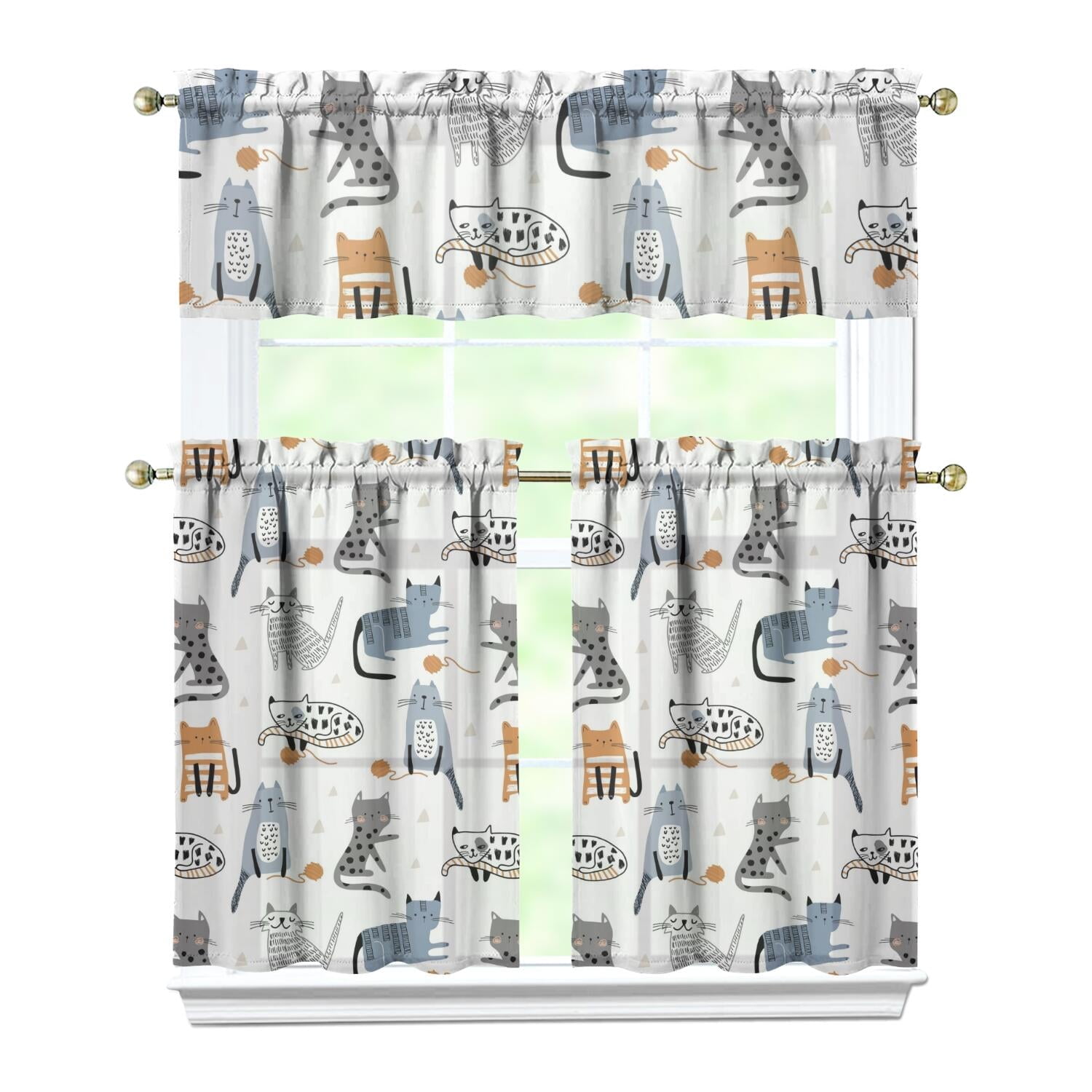 Cat Lover Gift Kitchen Curtains - 3 PC Set with Cats and Hearts Pattern ...
