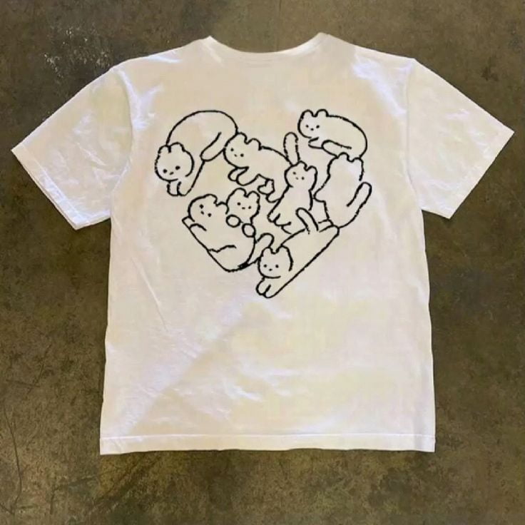 Cat Lover Heart Pattern Tee, Adorable Kitty Outline Art, Minimal Pet ...
