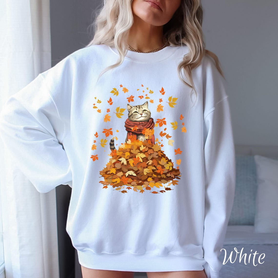 Cat Lovers Sweatshirt, Fall Lover Sweater Autumn Leaves,Red color,size ...
