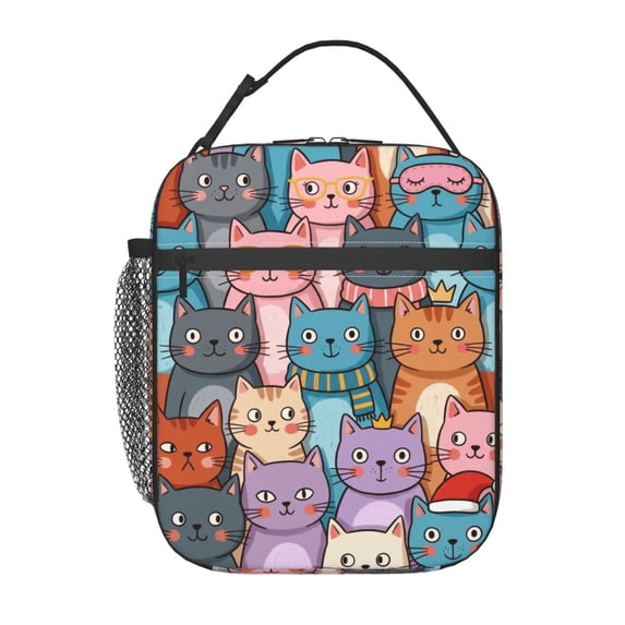 Cat Lunch Bag Cute Portable Handheld Reusable Cooler Tote Front Pocket ...