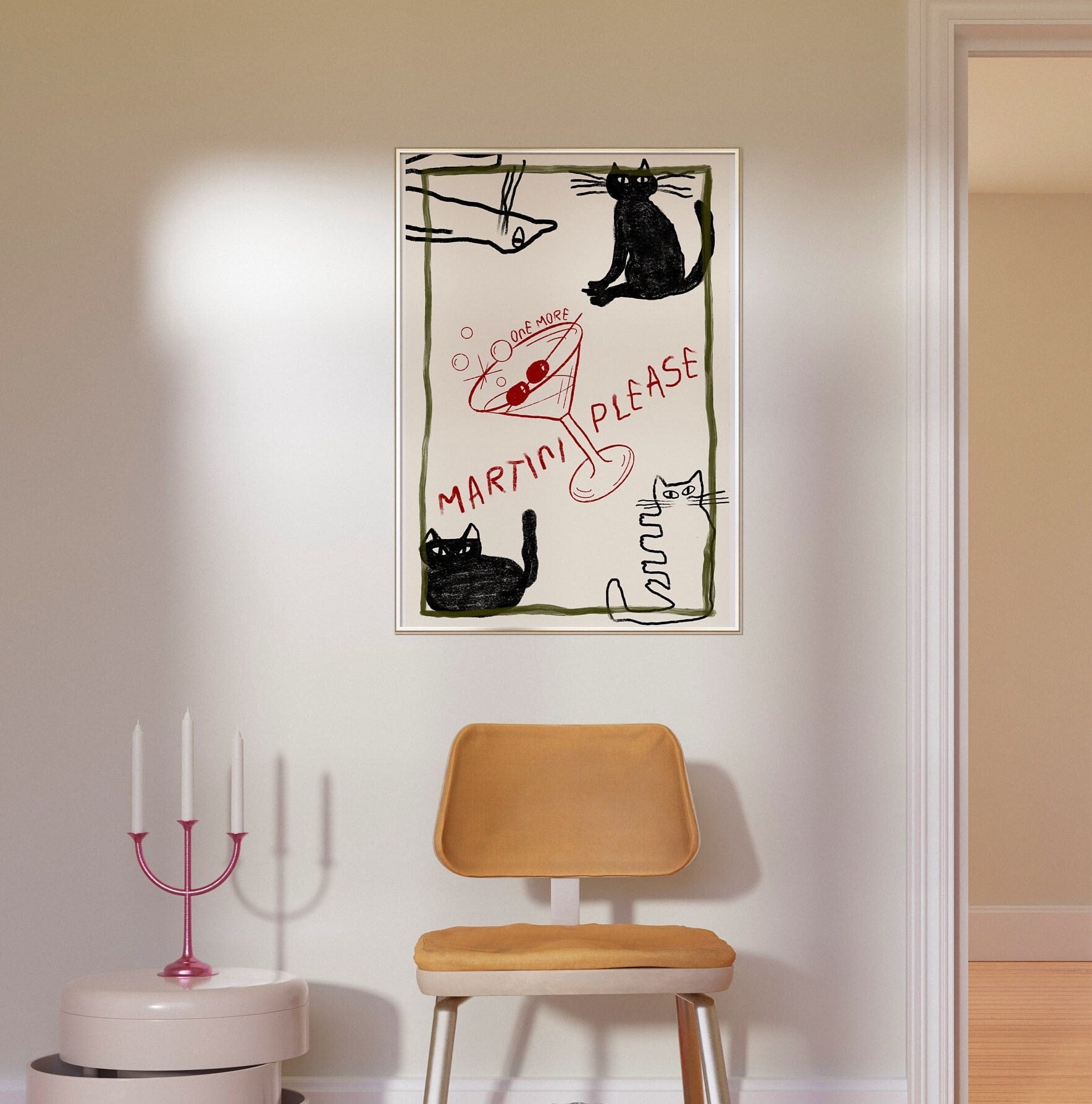 Cat Martini Poster, Hand Drawn, Retro Cocktail Wall Art, Bar Cart ...