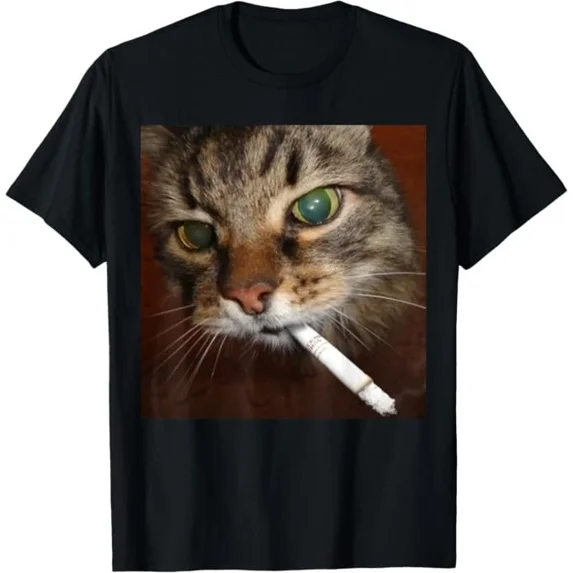 Cat Meme Cat Smoking Cigarette Funny Humor Art Graphic Tee Shirt Top ...