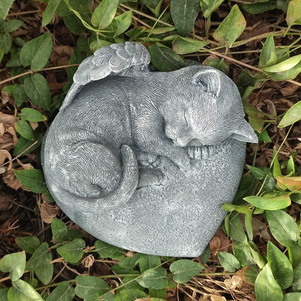Cat Memorial Gift - Angel Cat statue sleeping on heart-shaped pet ...