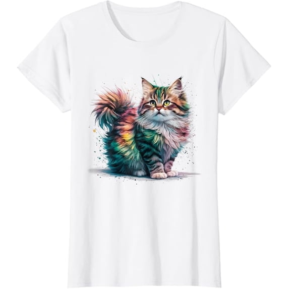 Cat Men Women Colourful Watercolour Cat T-Shirt, Comfortable and ...
