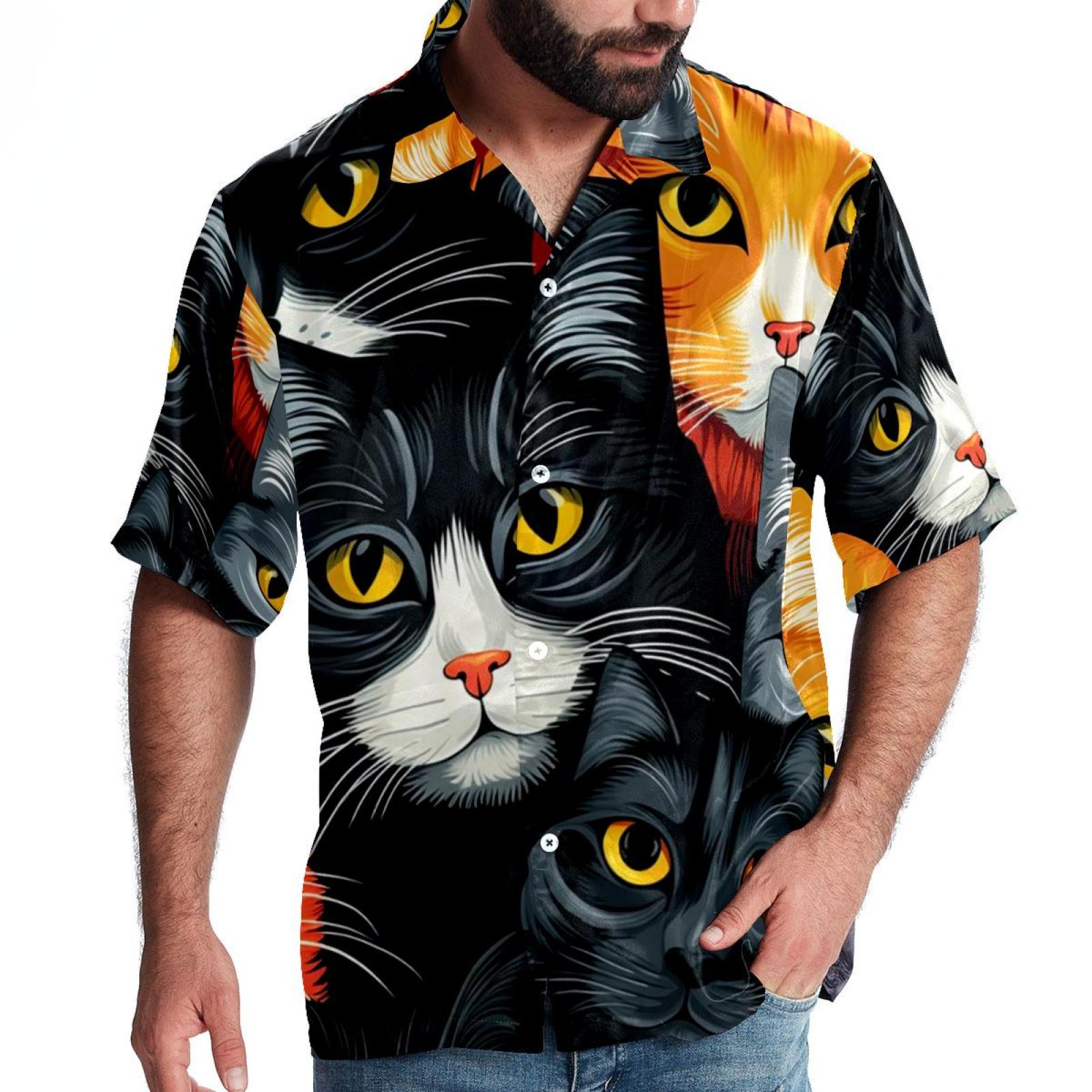 Cat Men's Short Sleeve Hawaiian Shirt, Casual Printed Button Down Beach ...