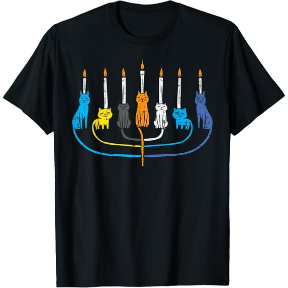 Cat Menorah Cute Jewish Kitten Hanukkah Chanukah PJs Women T-ShirtMen ...