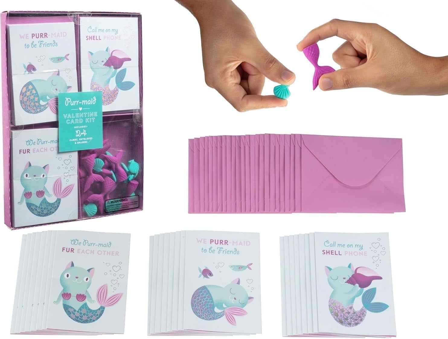 Cat Mermaid Mini Eraser Valentine's Day Cards Classroom Gift Exchange ...