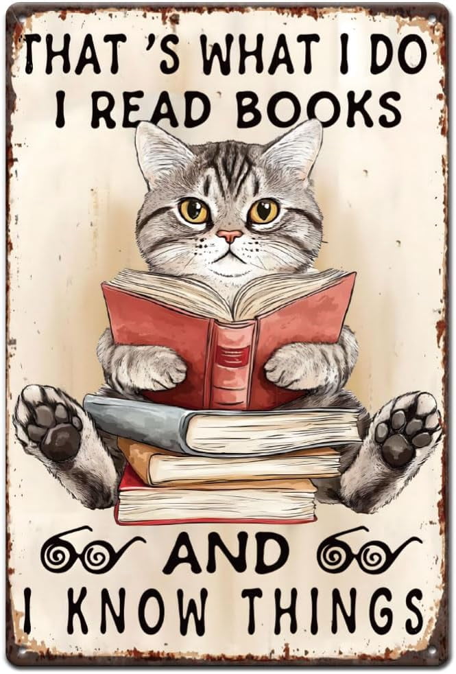 Cat Metal Tin Signs Reading Retro Metal Poster Funny Cat With Books ...
