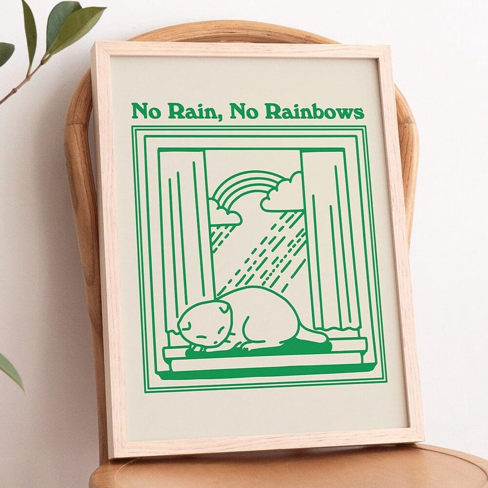 Cat Minimal Wall Print Affirmation Art Retro Wall Decor No Rain Art ...