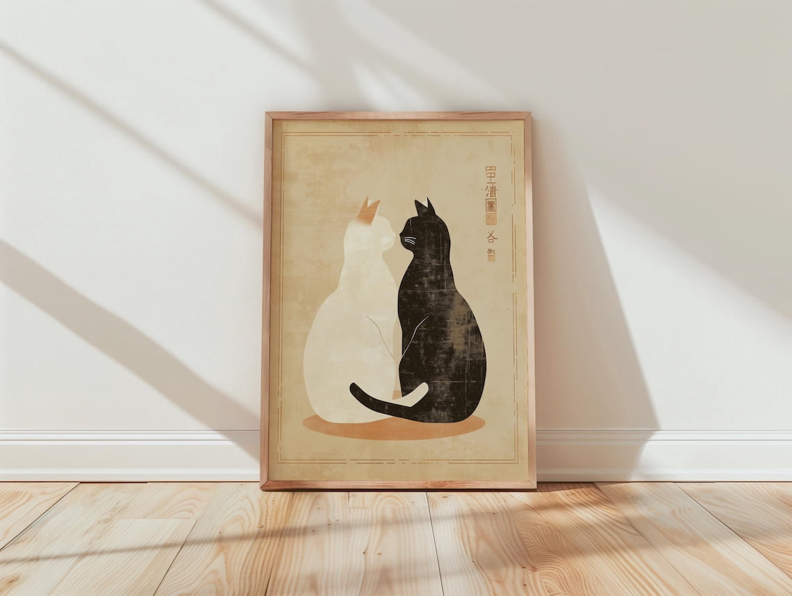 Cat Minimalist Vintage Cats Beige Black Animal Decor for Living Room ...