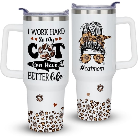 Cat Mom Gifts for Women, 40 oz Cat Mom Cup Tumbler with Handle Lid and ...
