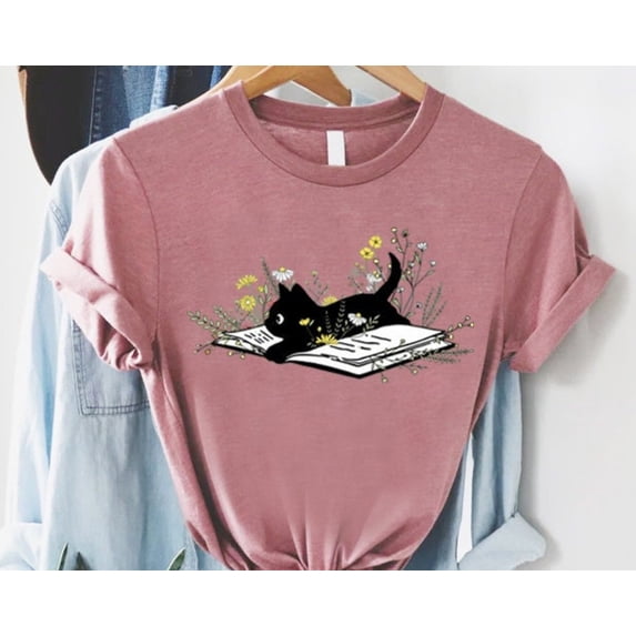 Cat Mom Shirt Cat Lover Tee Cute Book Cat Shirt Floral Book Art Shirt ...