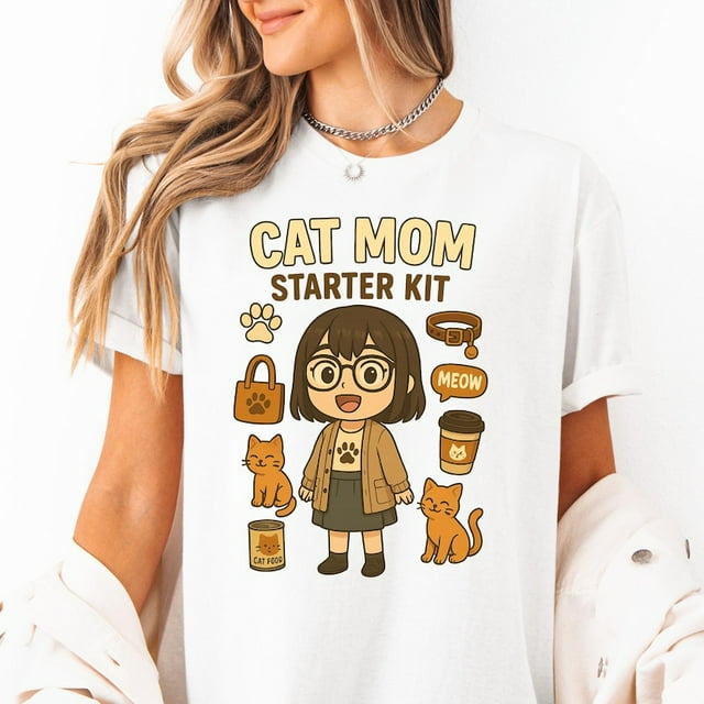 Cat Mom Starter Kit Shirt Cute Cat Lover Gift for Women Funny Cartoon ...