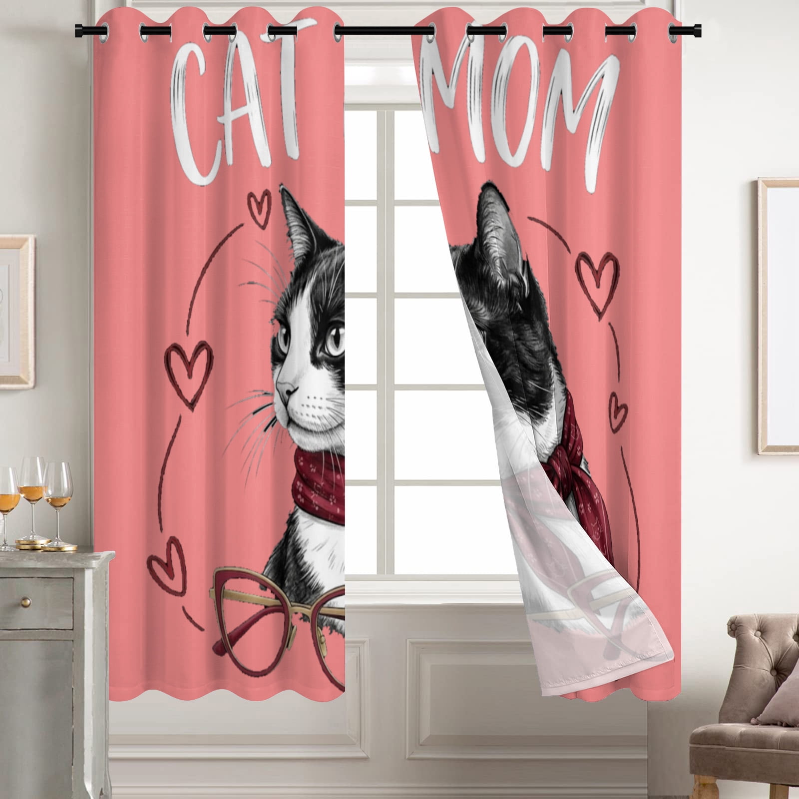 Cat Mom Tuxedo Cat Red Bandana Glasses Heart Pink Grommet Curtains, Cat ...