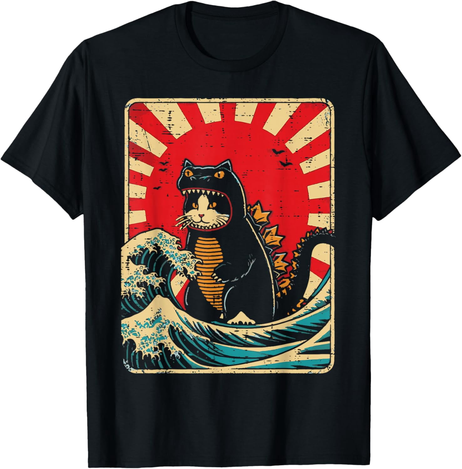 Cat Monster Waves Red Sun Japanese Catzilla Women Men T-Shirt - Walmart.com